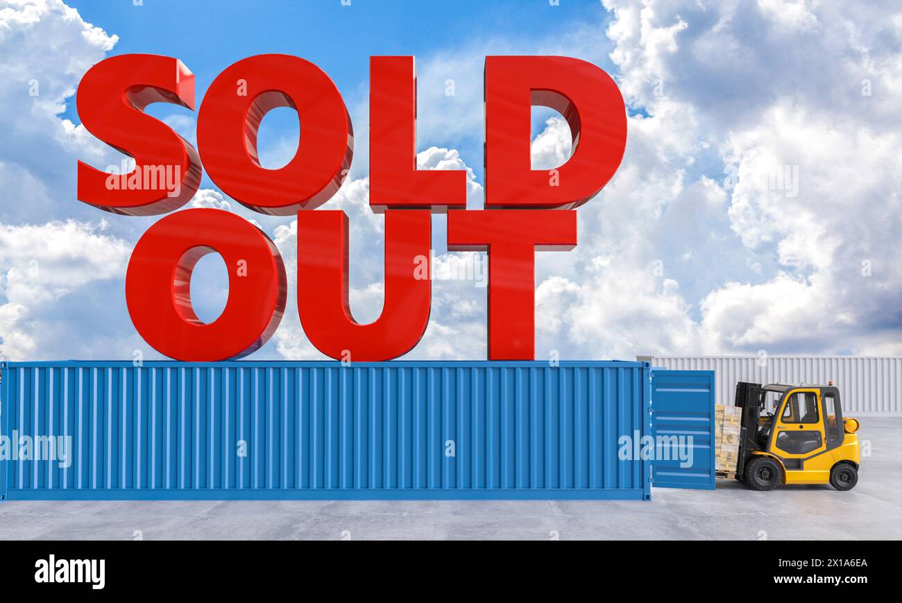 3d rendering of a bold red sold out sign over warehouse scene with ...