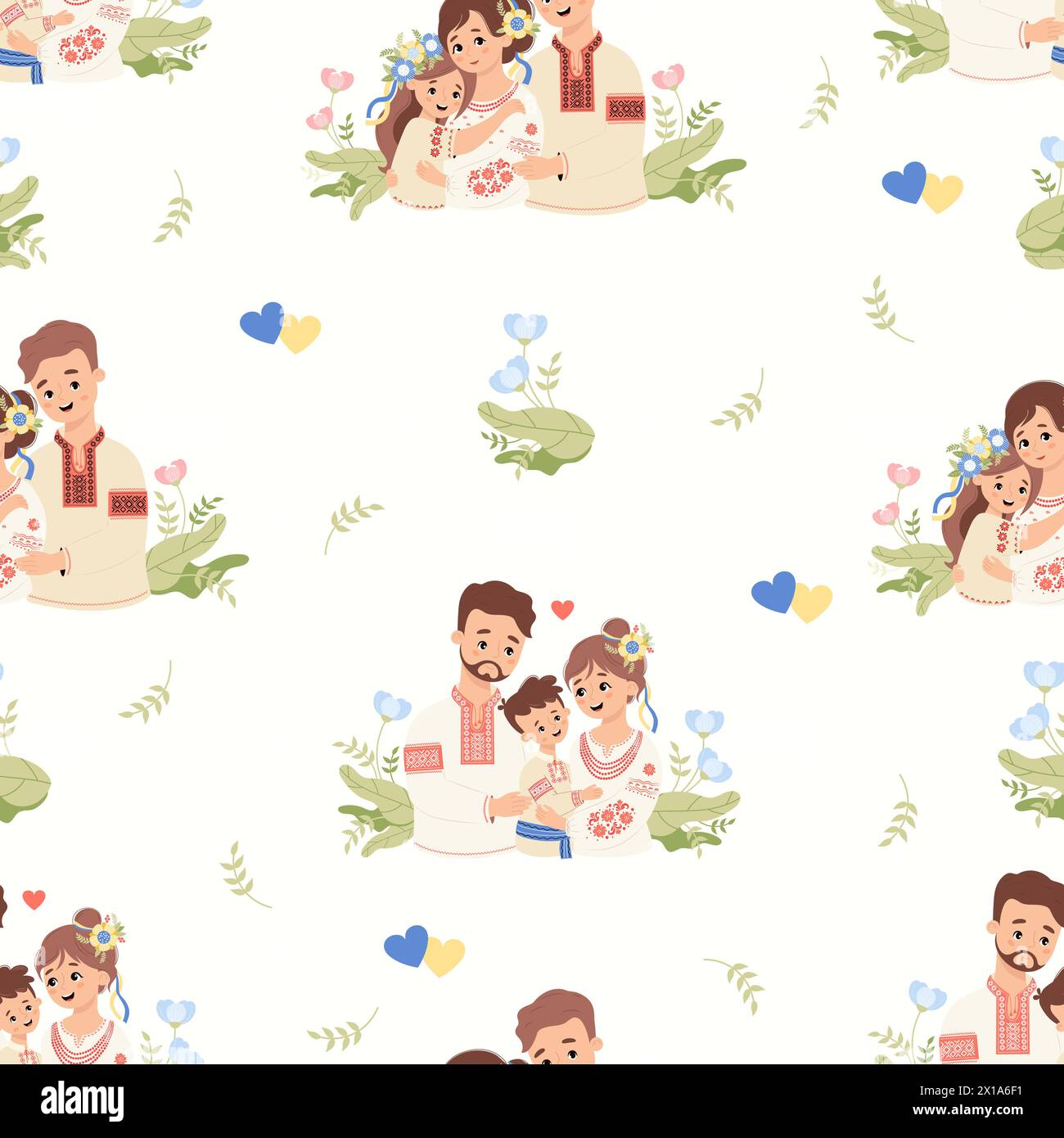 Cultural seamless pattern. Cute Ukrainian family. Dear mom, dad with ...