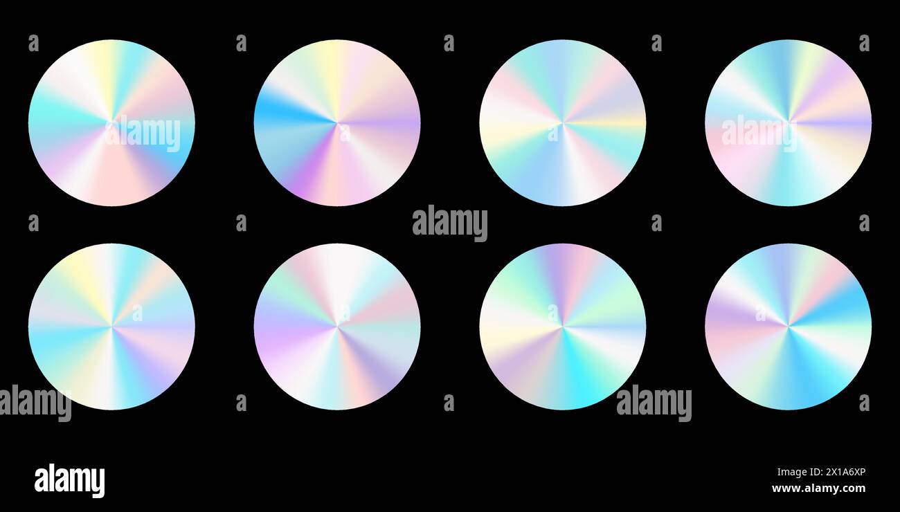 Set of realistic round holograms. Rainbow color gradient. 3d vector ...
