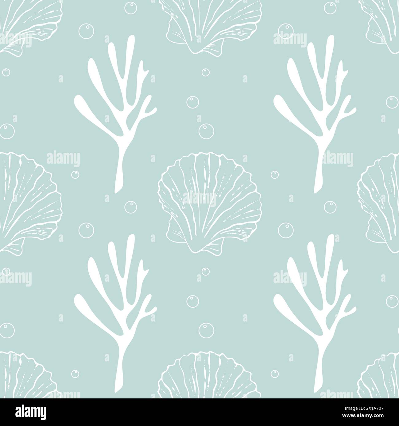 Sea pattern with white corals and seashells, air bubbles, sea elements ...