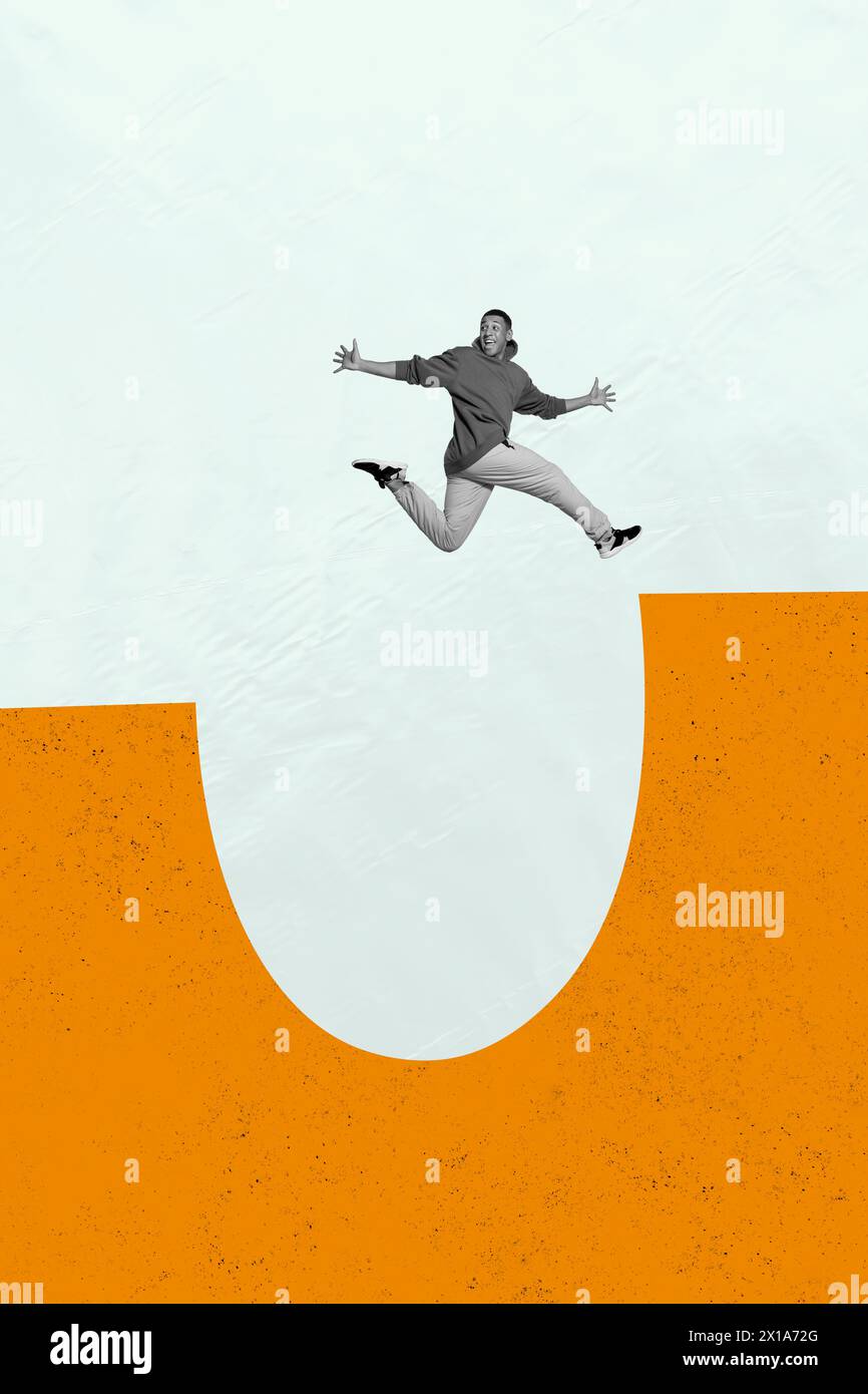 Artwork magazine collage picture of impressed guy jumping above big ...
