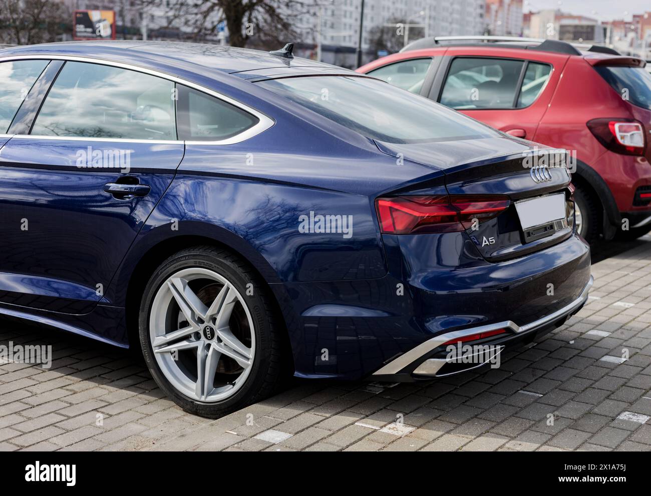 Minsk, Belarus, April 16, 2024 - Rear view of blue Audi A5 parked in ...