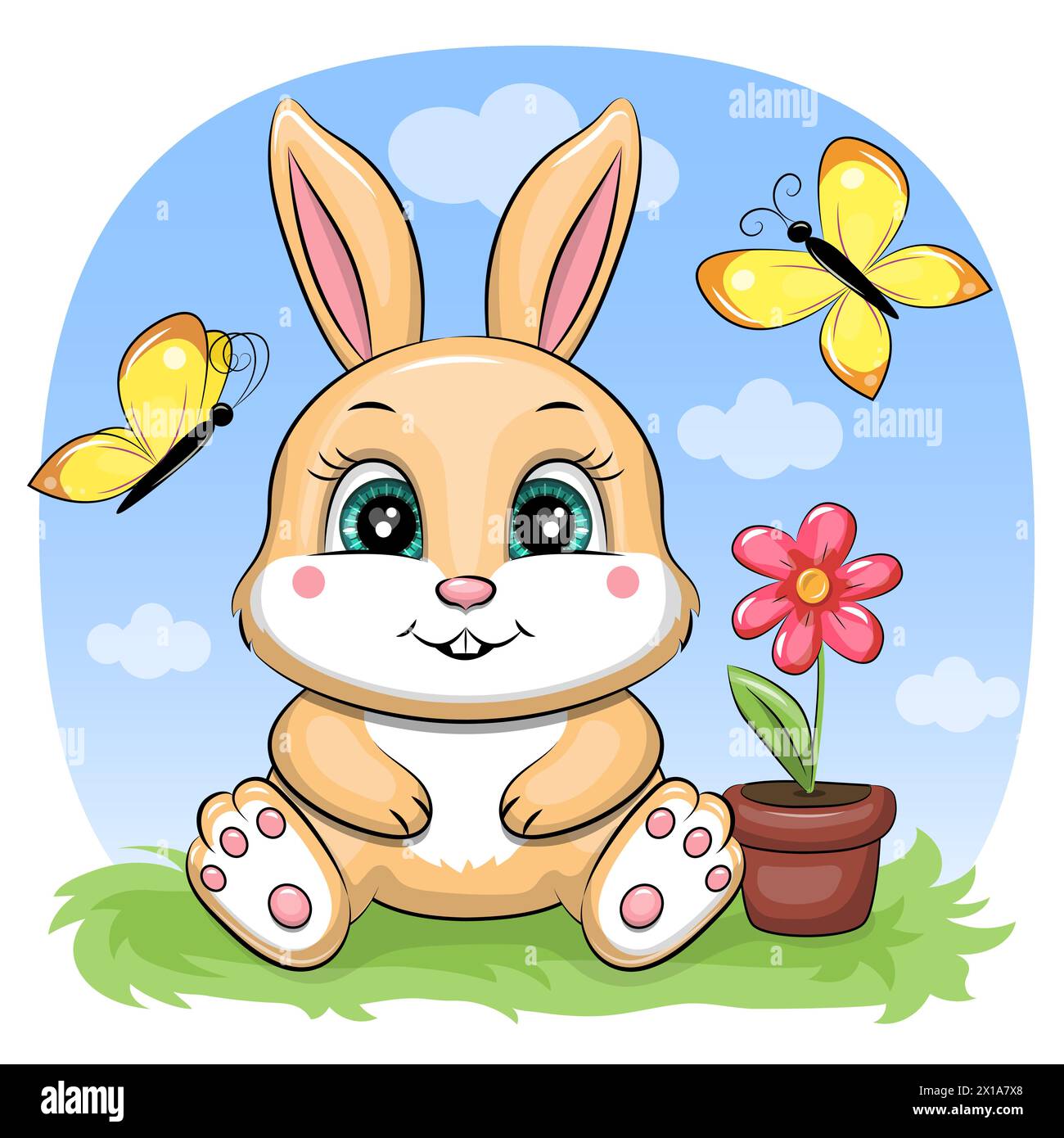 Cute cartoon bunny with butterflies and a flower pot. Vector ...