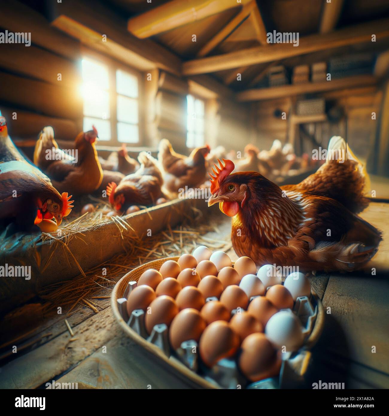Hens and collected eggs in a chicken coop with morning light streaming ...