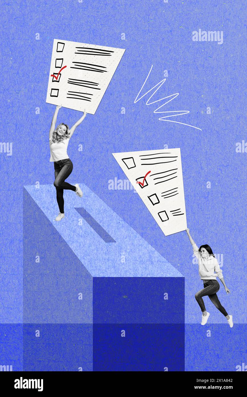 Vertical photo collage of happy girl carry ballot box paper check mark ...