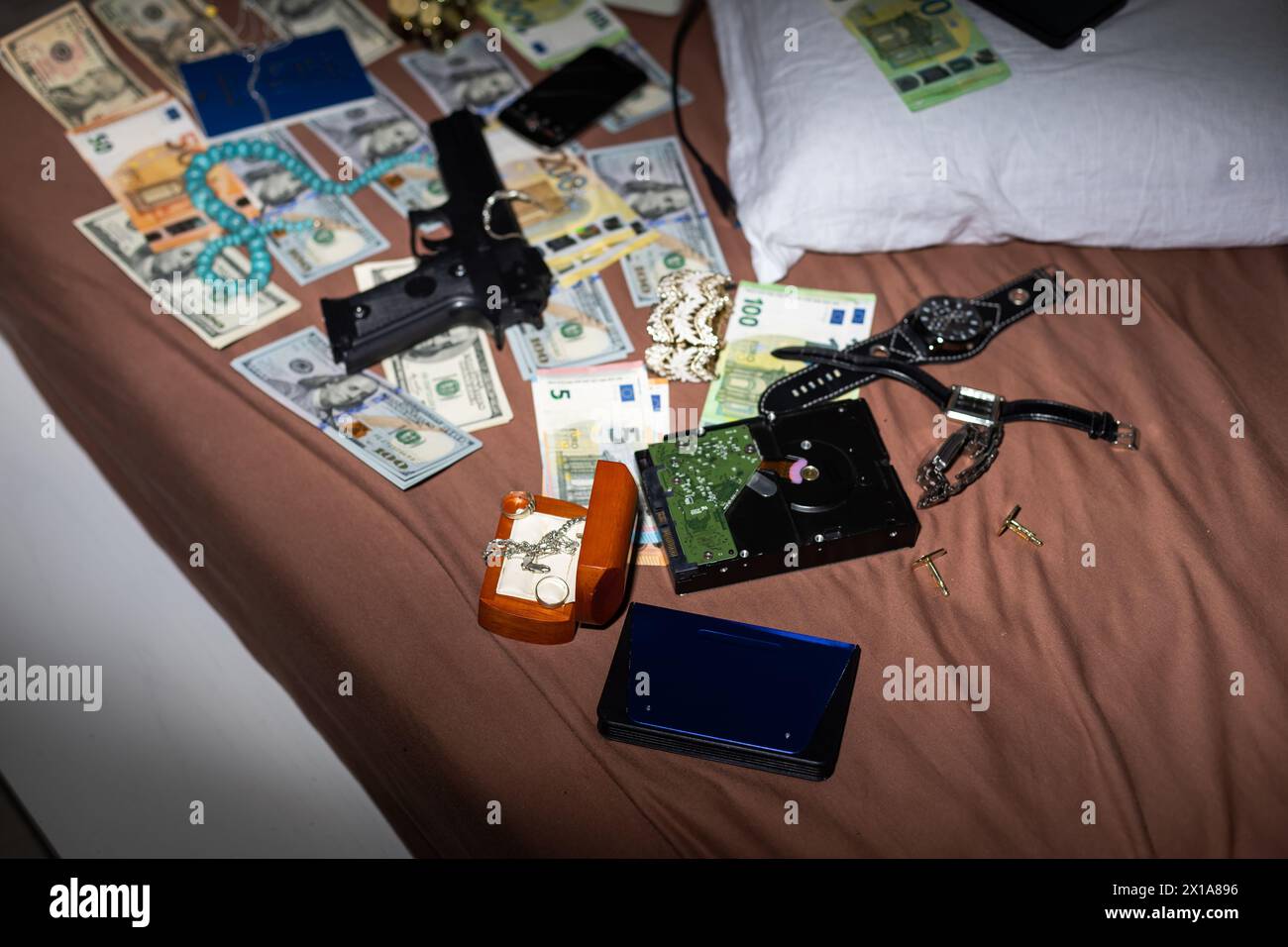 Flat lay composition with evidences and crime scene markers on ...