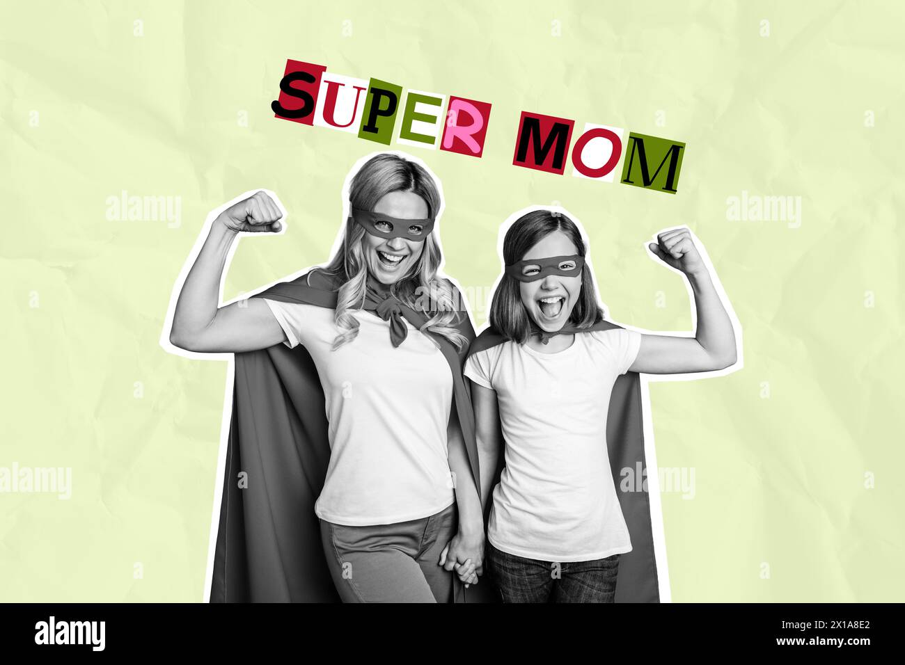 Artwork template collage of mom daughter show muscles pretend superhero ...