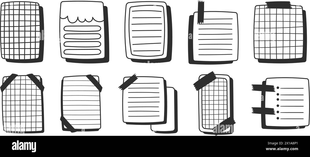 Paper sheets sticker collection in comics style, doodle black and white ...