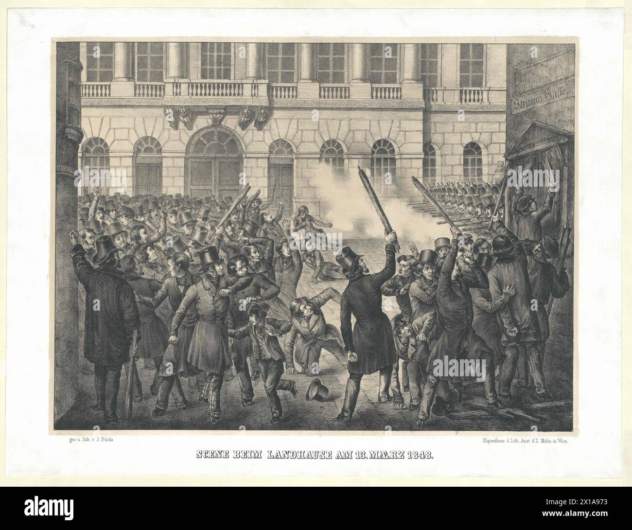 Scene at country home at 13th March 1848, military firing in the crowd ...