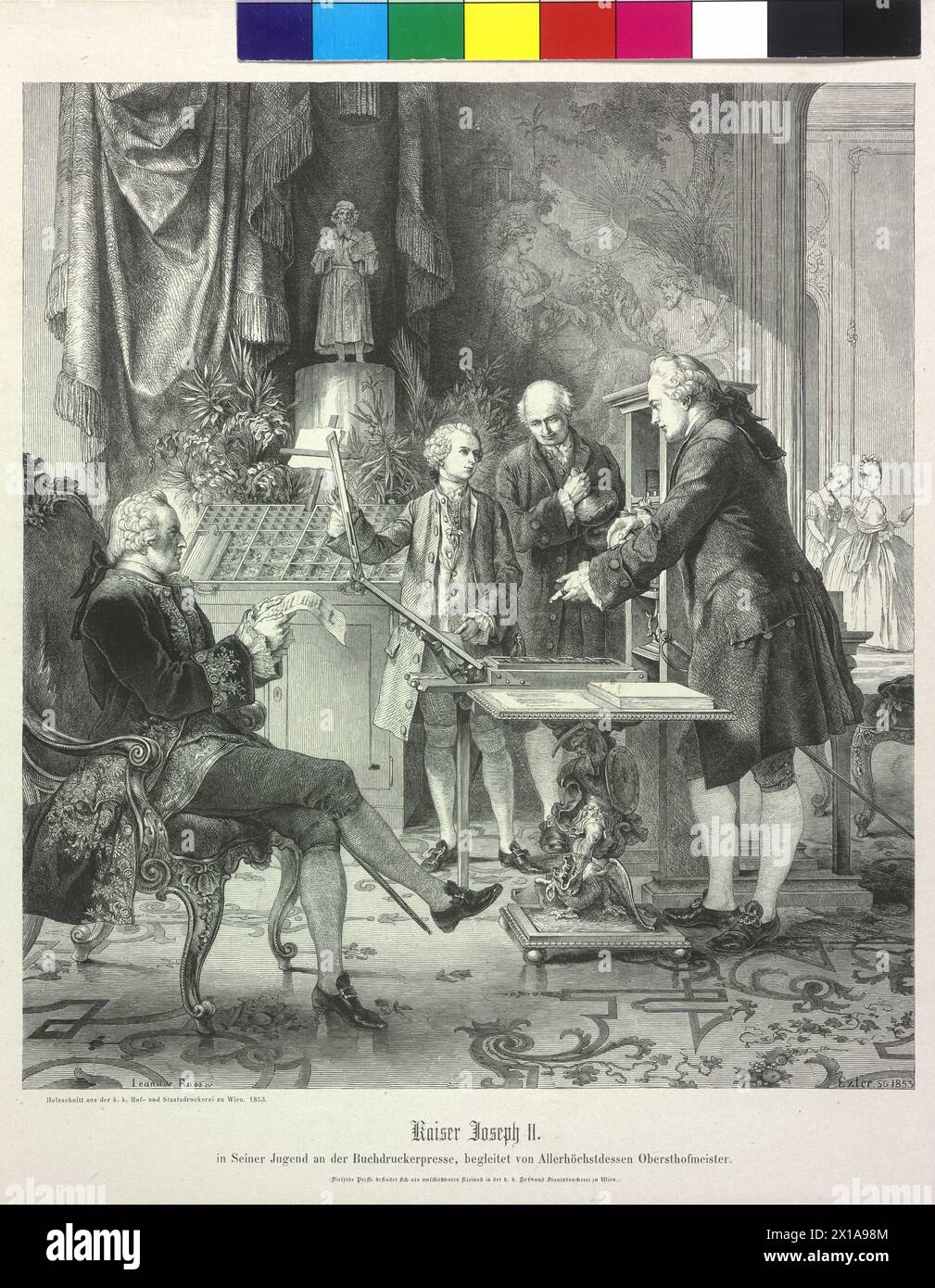 The teenager emperor Joseph II at the printing press, The woodcut ...