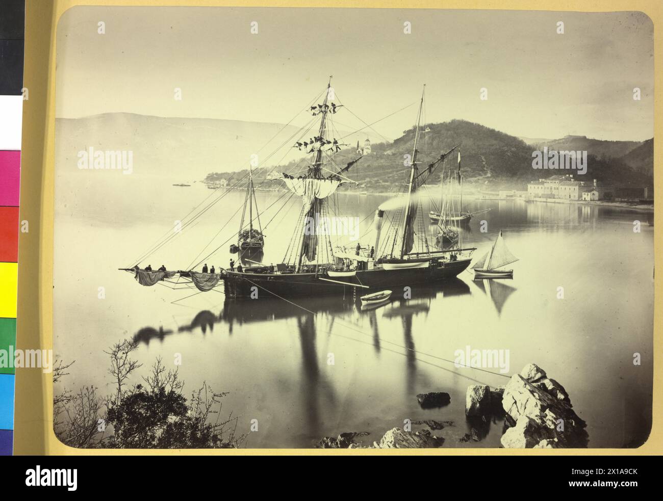 Steam frigate, ship with several dinghys and uniform crew, sail pile ...