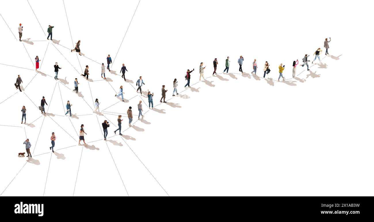 Aerial view of crowd people connected by lines, men and women using ...