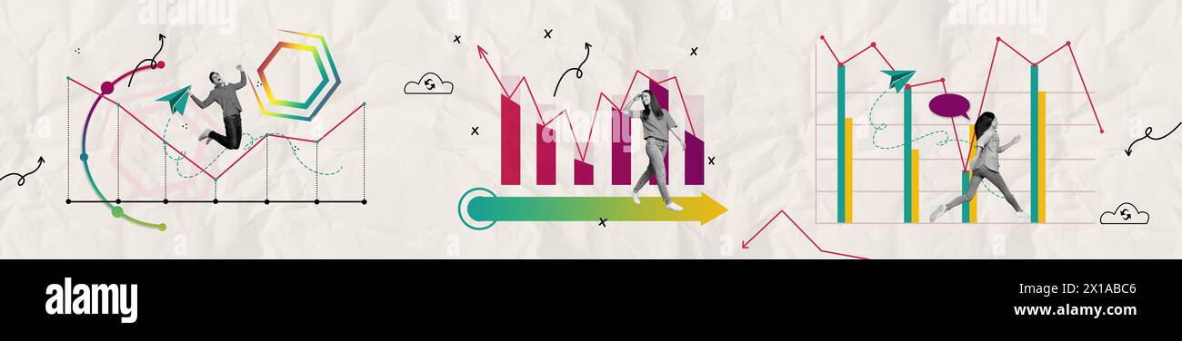 Composite collage panorama image of target charts diagram data analysis ...