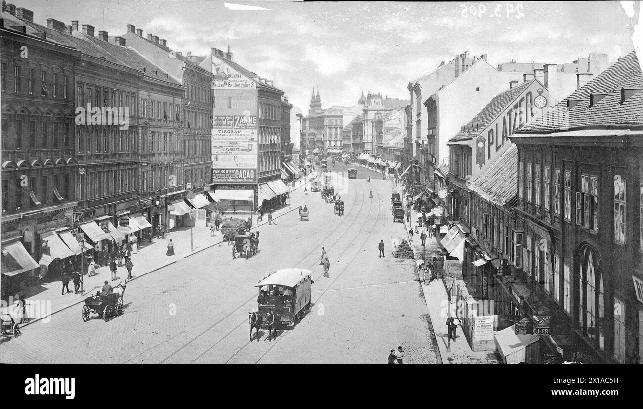Vienna 7, Mariahilferstrasse 100, perspective with horse-driven tramway ...