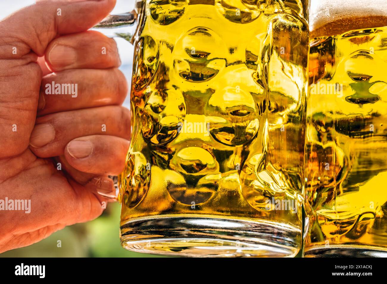 Gut gefüllte Bierkrüge im Sonnenlicht, München, April 2024 Deutschland ...