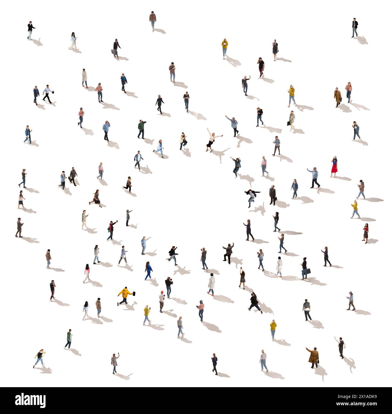 Aerial view on crowd of people, men and women in motion, using gadgets ...