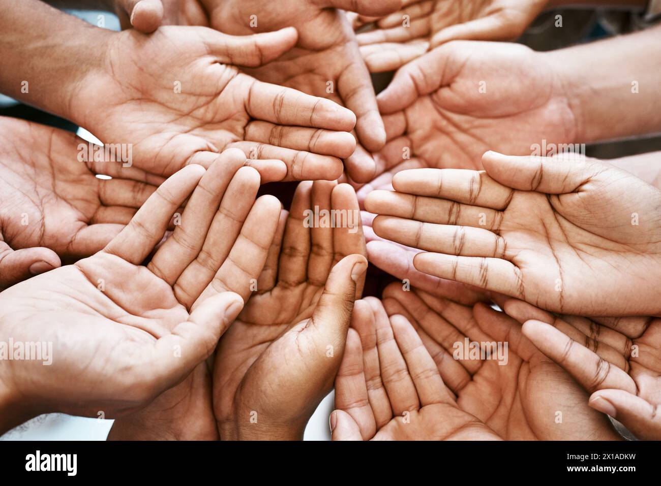 Hands, teamwork and collaboration in closeup with partnership and ...