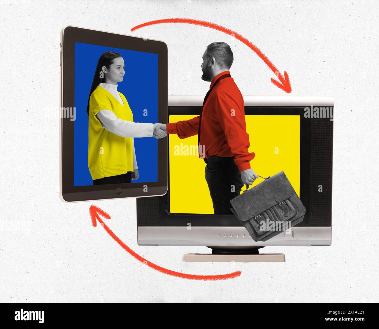 Contemporary art collage. Young businessman stands in computer monitor ...