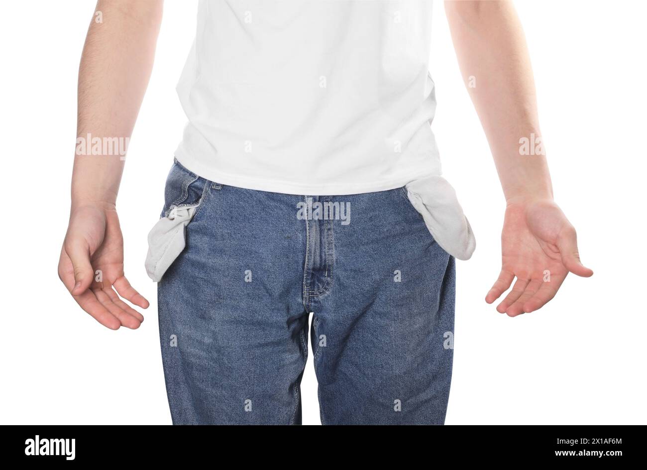 Poor man showing empty pockets on white background, closeup Stock Photo ...