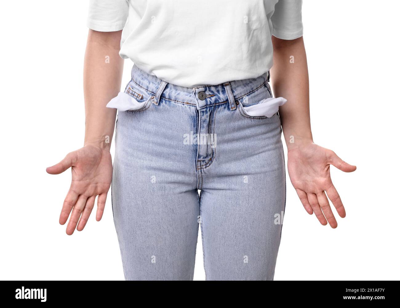 Poor woman showing empty pockets on white background, closeup Stock ...