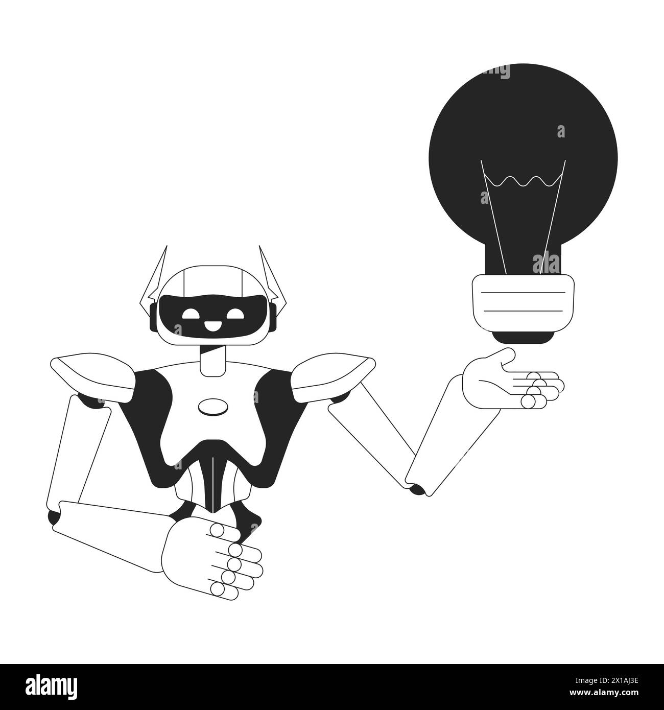 Robot assistant generating idea black and white 2D line cartoon ...
