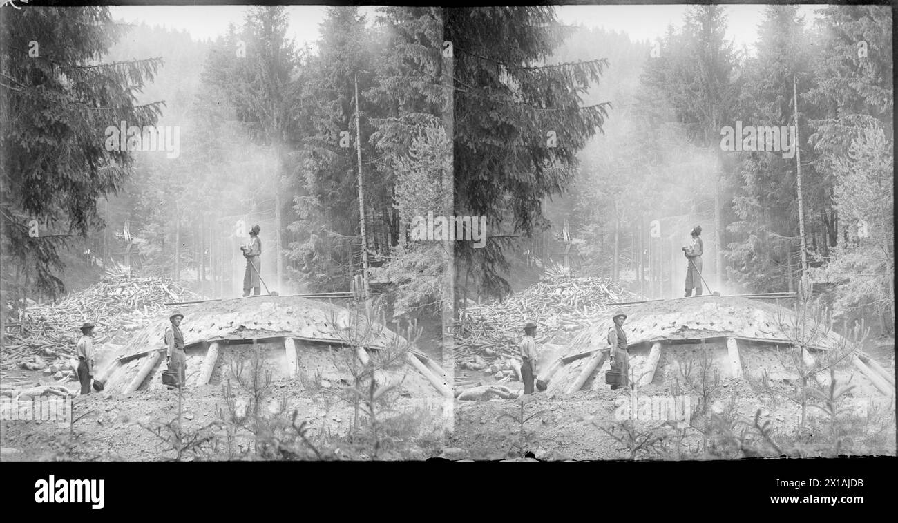 Charcoal pile, nuclear reactor with three charcoal burner with log ...