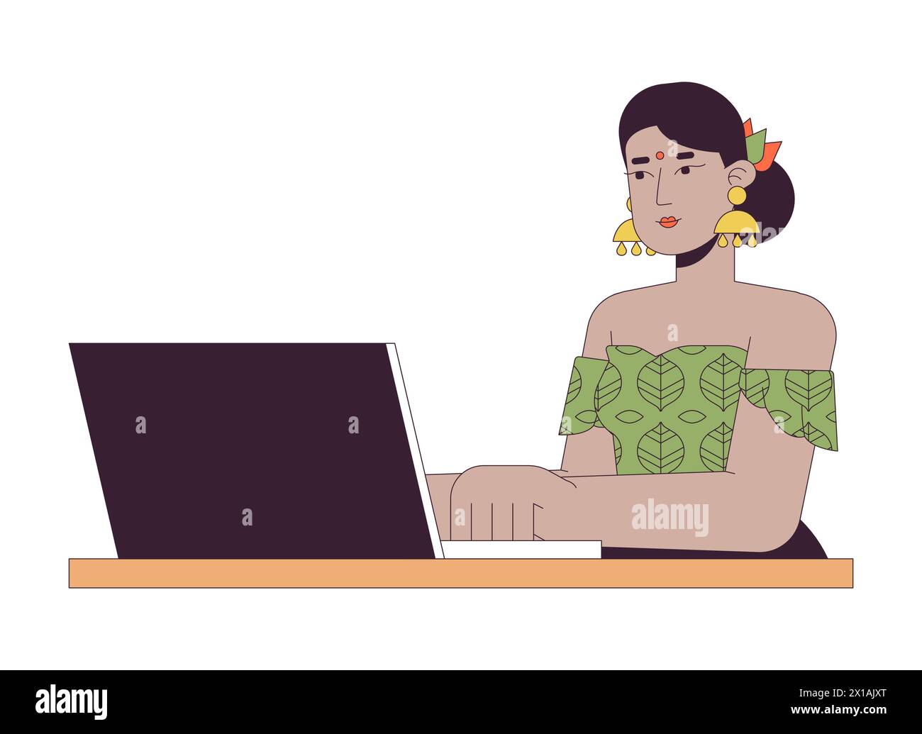 Indian woman working on laptop 2D linear cartoon character Stock Vector ... Indian woman working on laptop 2D linear cartoon character Stock Vector ...