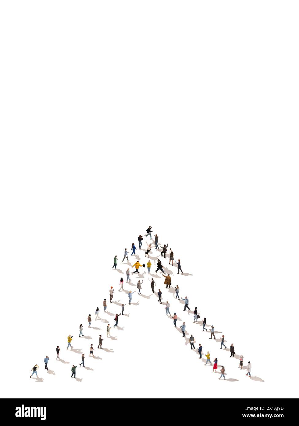 Aerial view of people walking forwards and forming arrow symbol. Unity ...