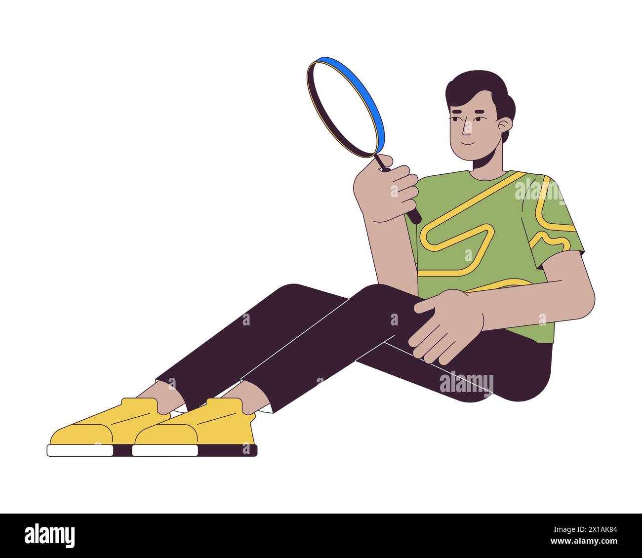 Indian man looking through magnifying glass 2D linear cartoon character ...