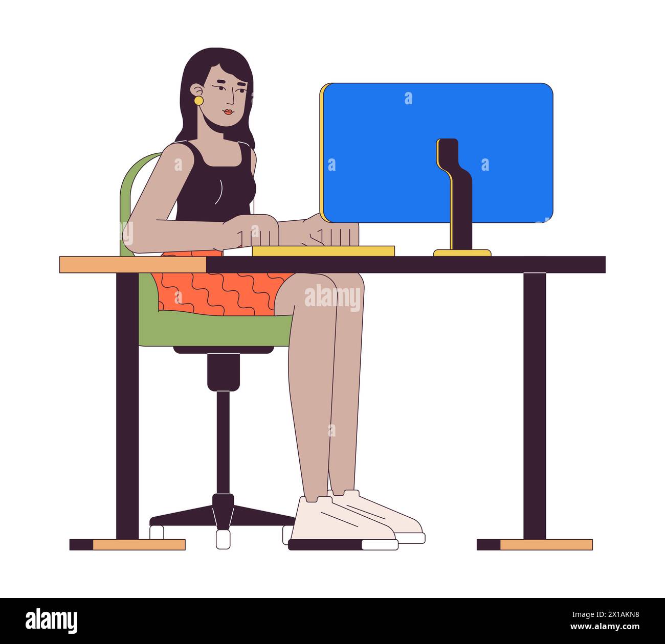 Young woman sitting at computer 2D linear cartoon character Stock ...