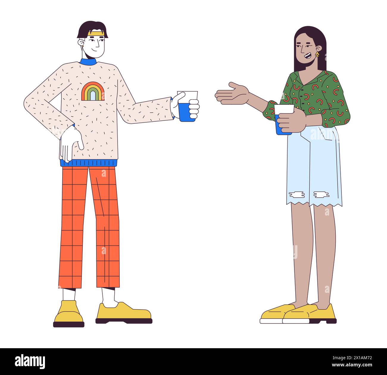 Diverse friends talking at party 2D linear cartoon characters Stock ...