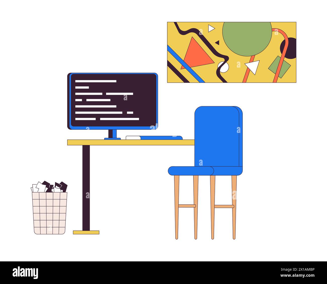 Office Workplace With Computer 2d Linear Cartoon Objects Stock Vector