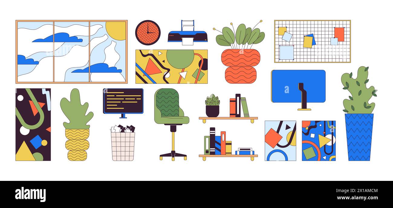 Office interior design details 2D linear cartoon objects set Stock Vector Image & Art - Alamy