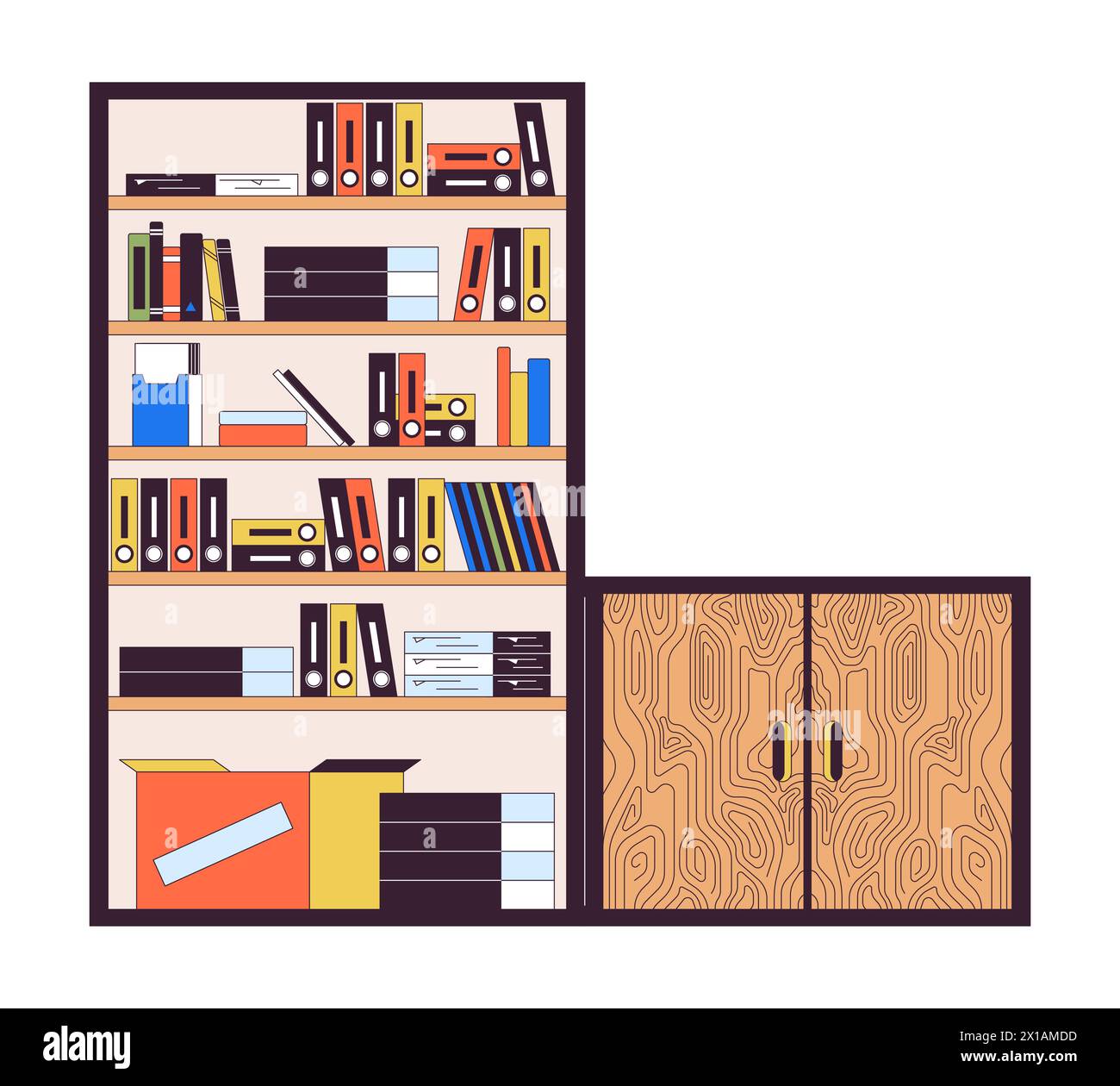 Bookshelves with wooden cabinet 2D linear cartoon objects Stock Vector ...