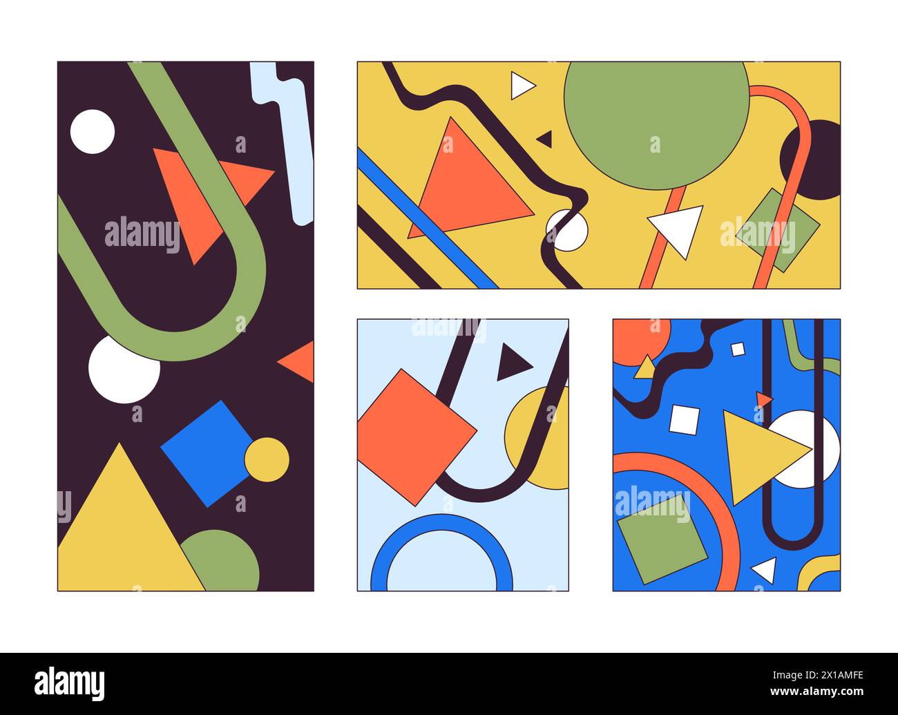 Abstract paintings with geometric pattern 2D linear cartoon objects set ...