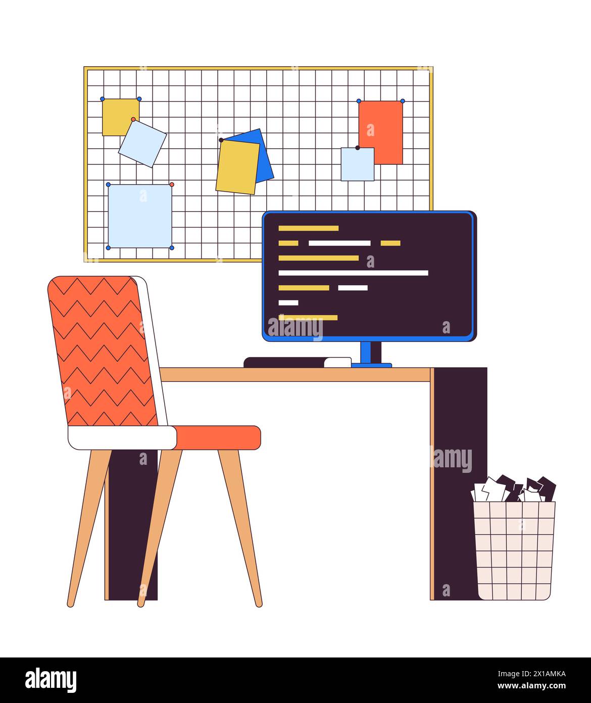 Office worker desk with computer 2D linear cartoon objects Stock Vector ...