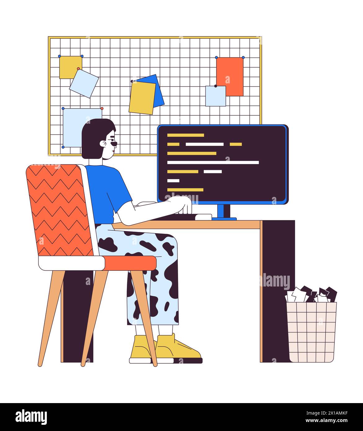 Asian woman working on computer 2D linear cartoon character Stock ...