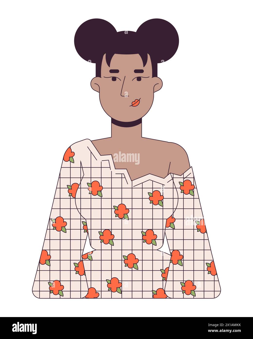 Black woman wearing blouse with floral pattern 2D linear cartoon ...