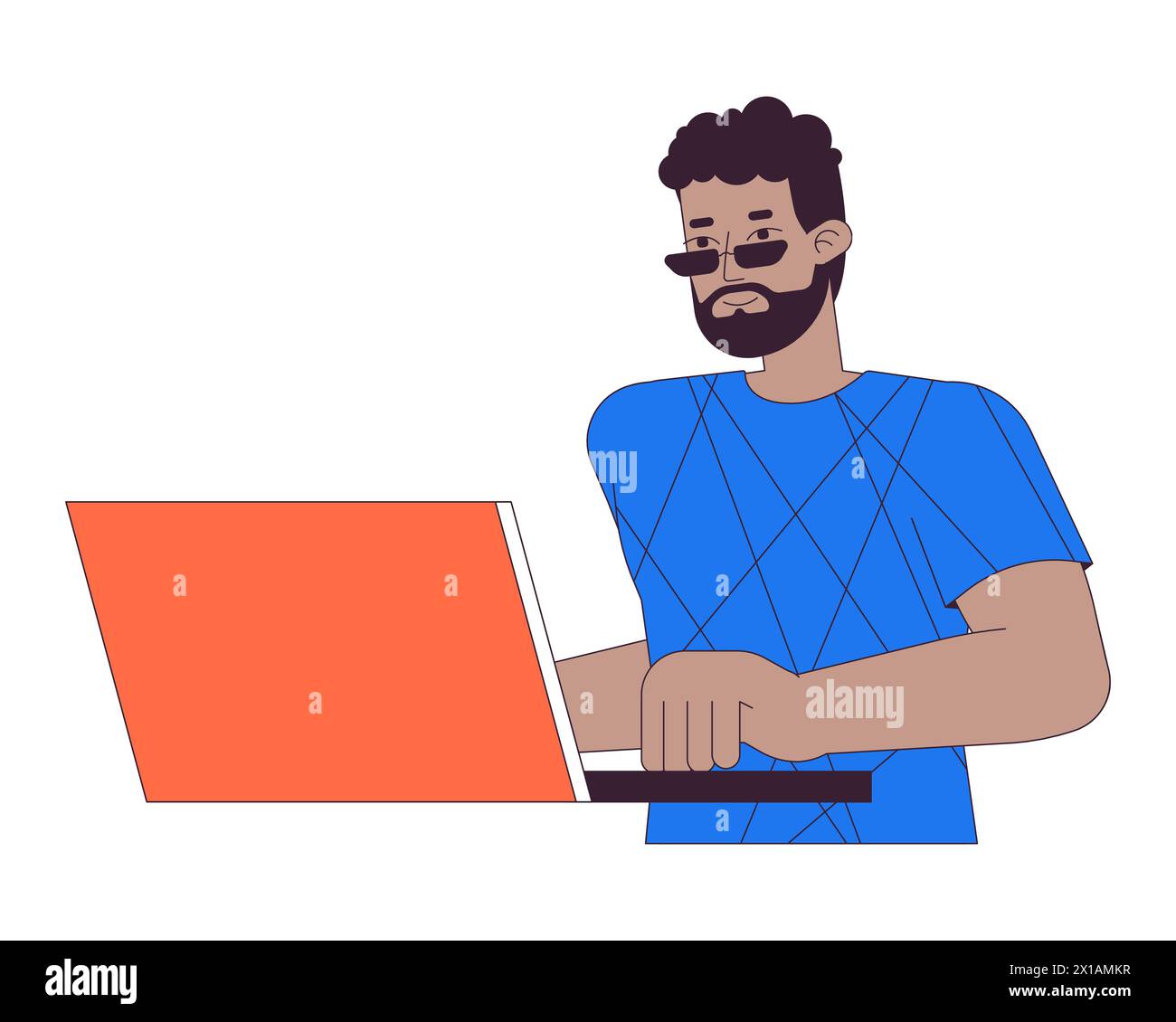 African american man using laptop 2D linear cartoon character Stock ...