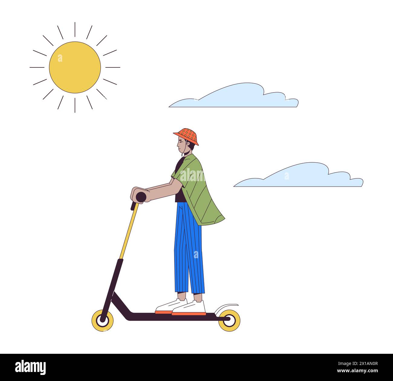 Young man riding kick scooter on sunny day 2D linear cartoon character ...