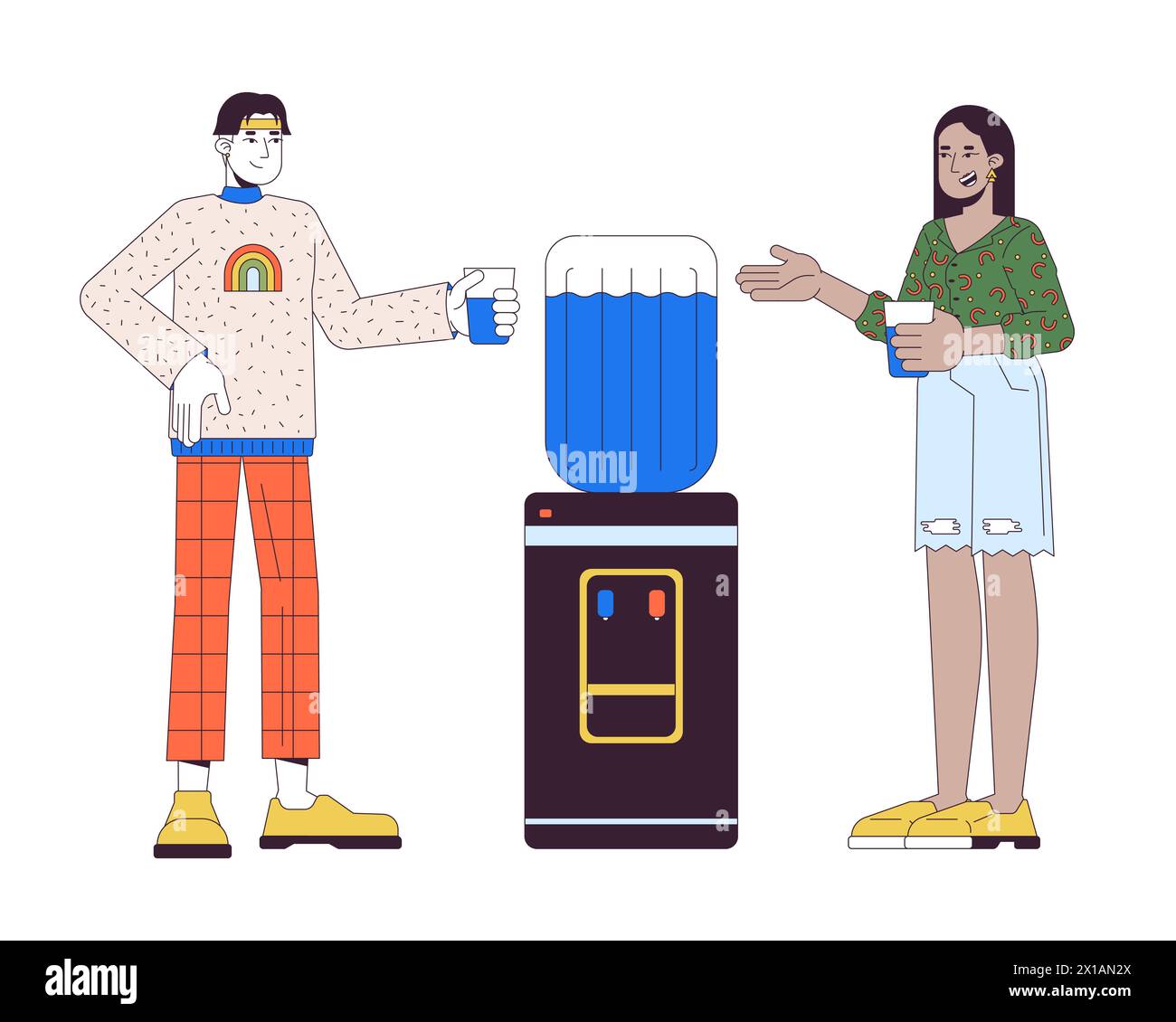 Diverse colleagues talking by water cooler 2D linear cartoon characters ...