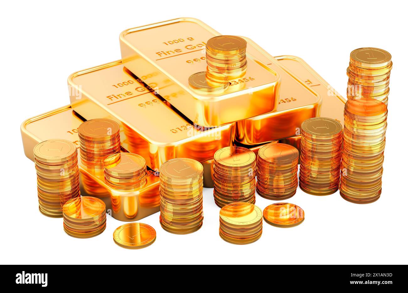 Gold ingots and golden coins, 3D rendering isolated on white background ...