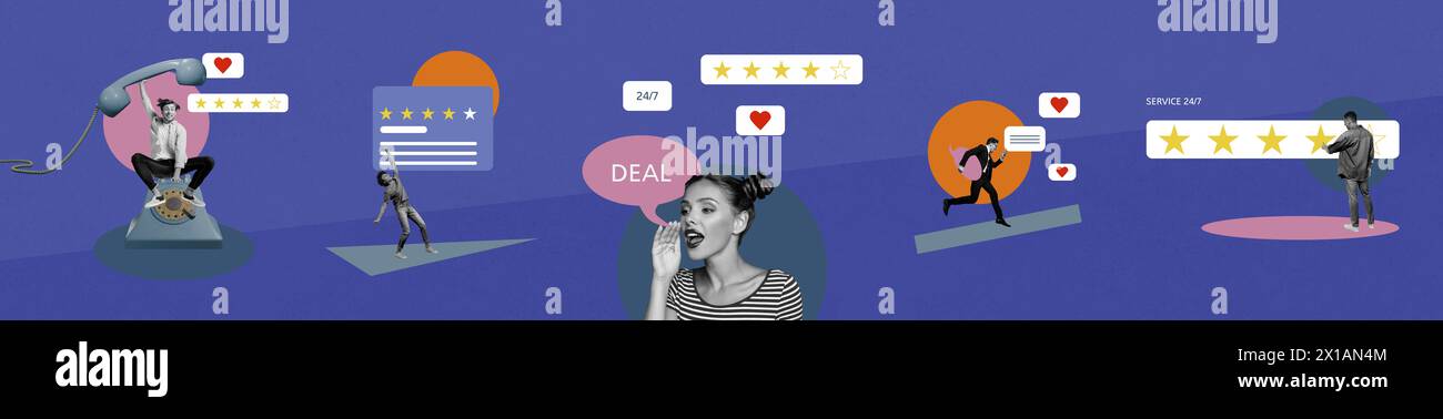 Composite collage panorama image of customer review rate client five ...