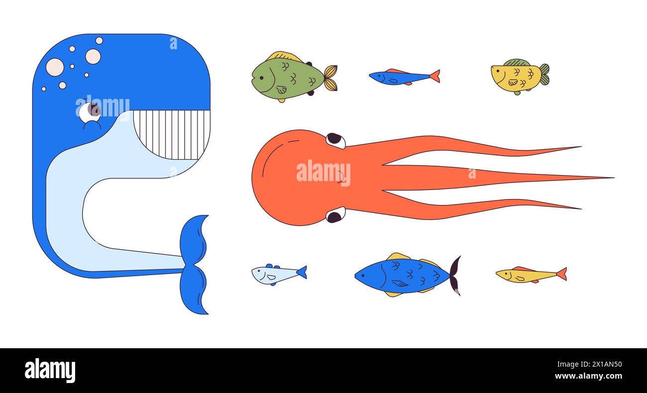 Deep sea creatures 2D linear cartoon characters set Stock Vector Image ...