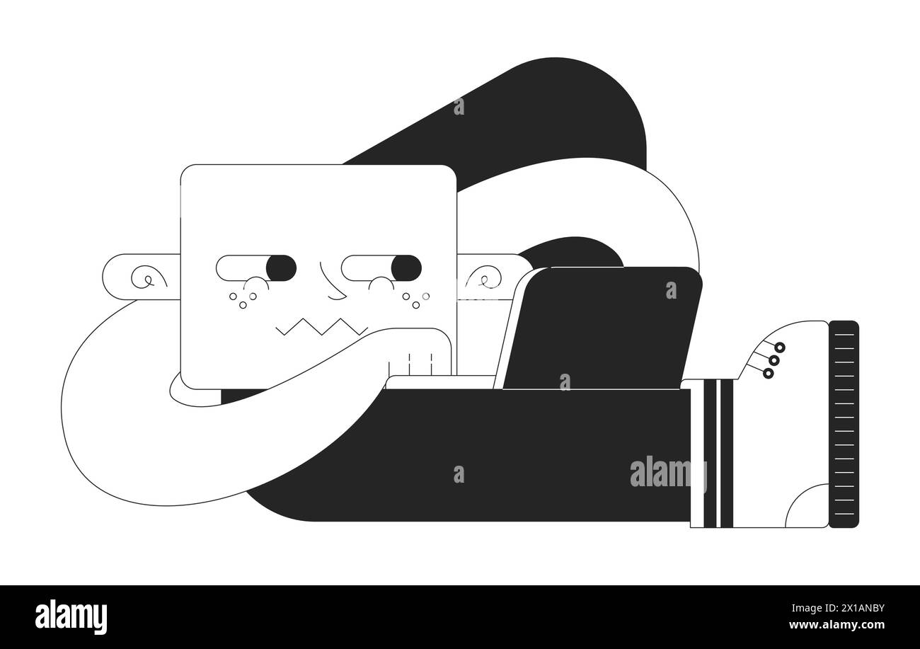 Office worker laptop black and white 2D illustration concept Stock ...
