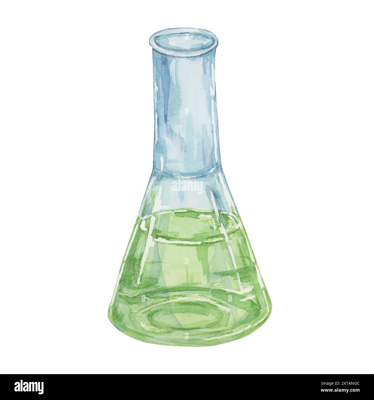 Erlenmeyer conical flask with green transparent liquid. Flat bottom ...