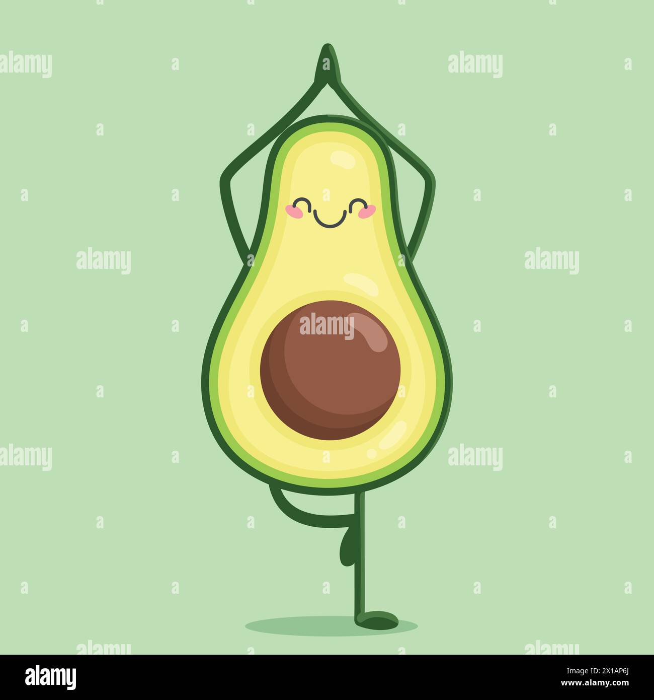 Cute cartoon character Avocado doing yoga. Healthy eating and fitness ...