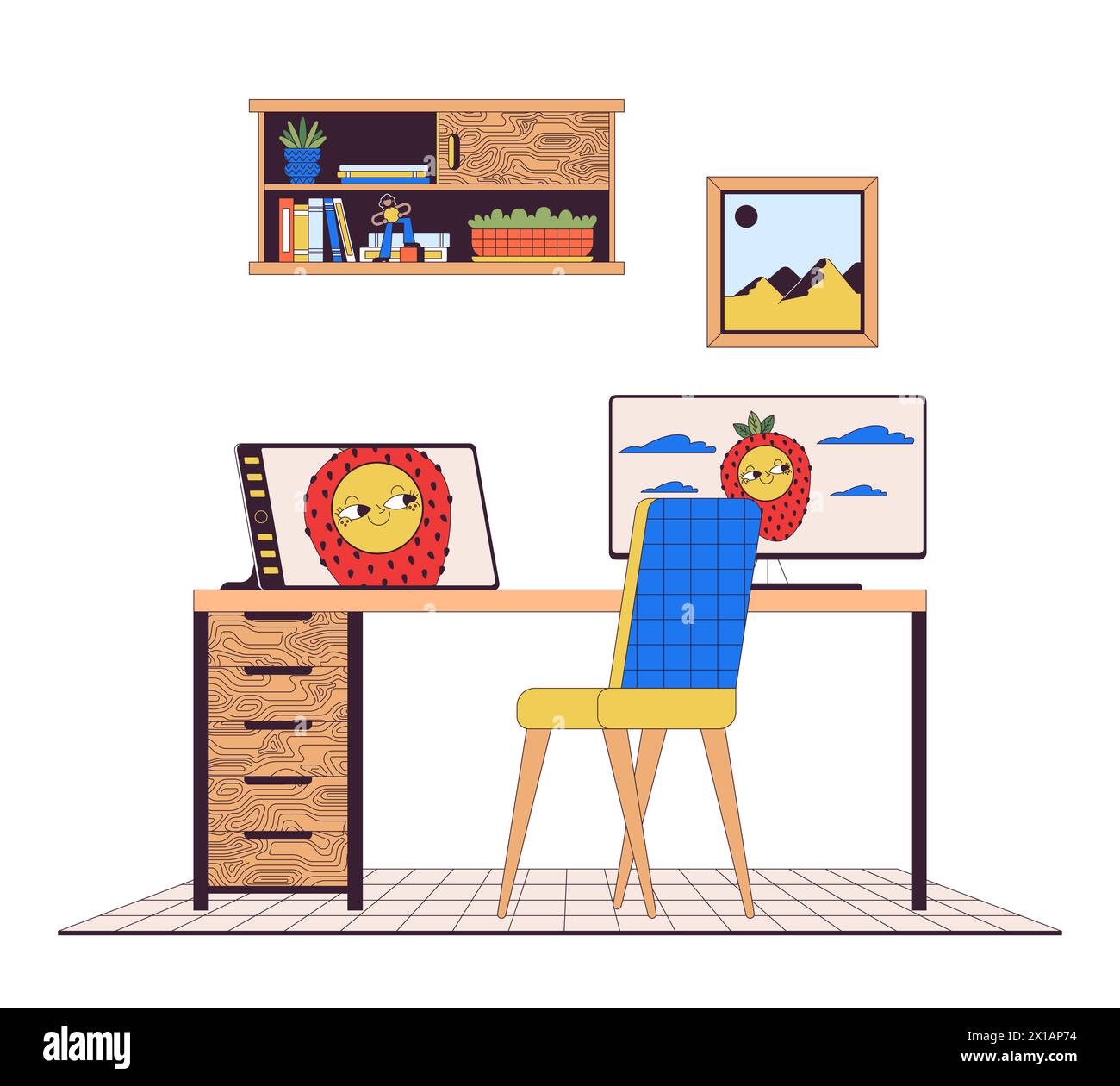 Home office desk with digital tablet line cartoon flat illustration ...