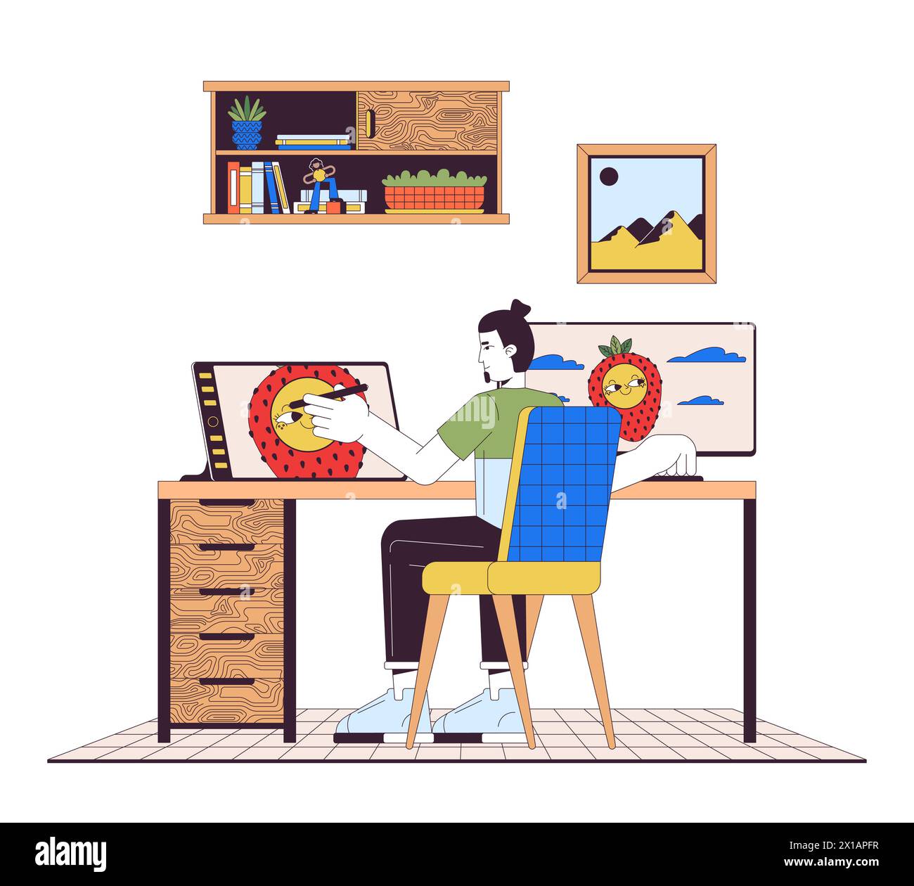 Digital tablet drawing line cartoon flat illustration Stock Vector ...