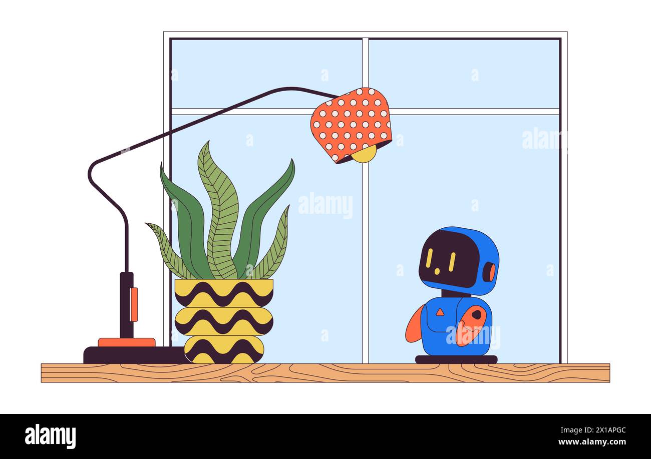 Small companion robot on desk office line cartoon flat illustration ...